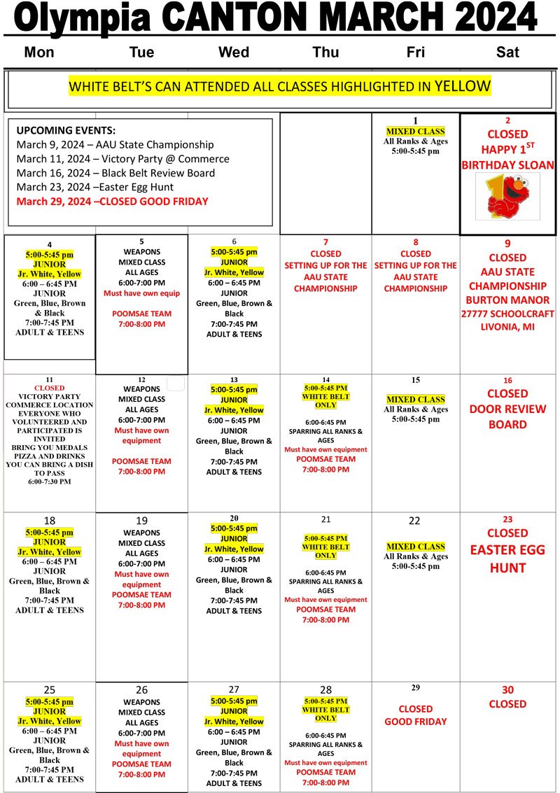 Canton Schedule | Olympia Taekwondo