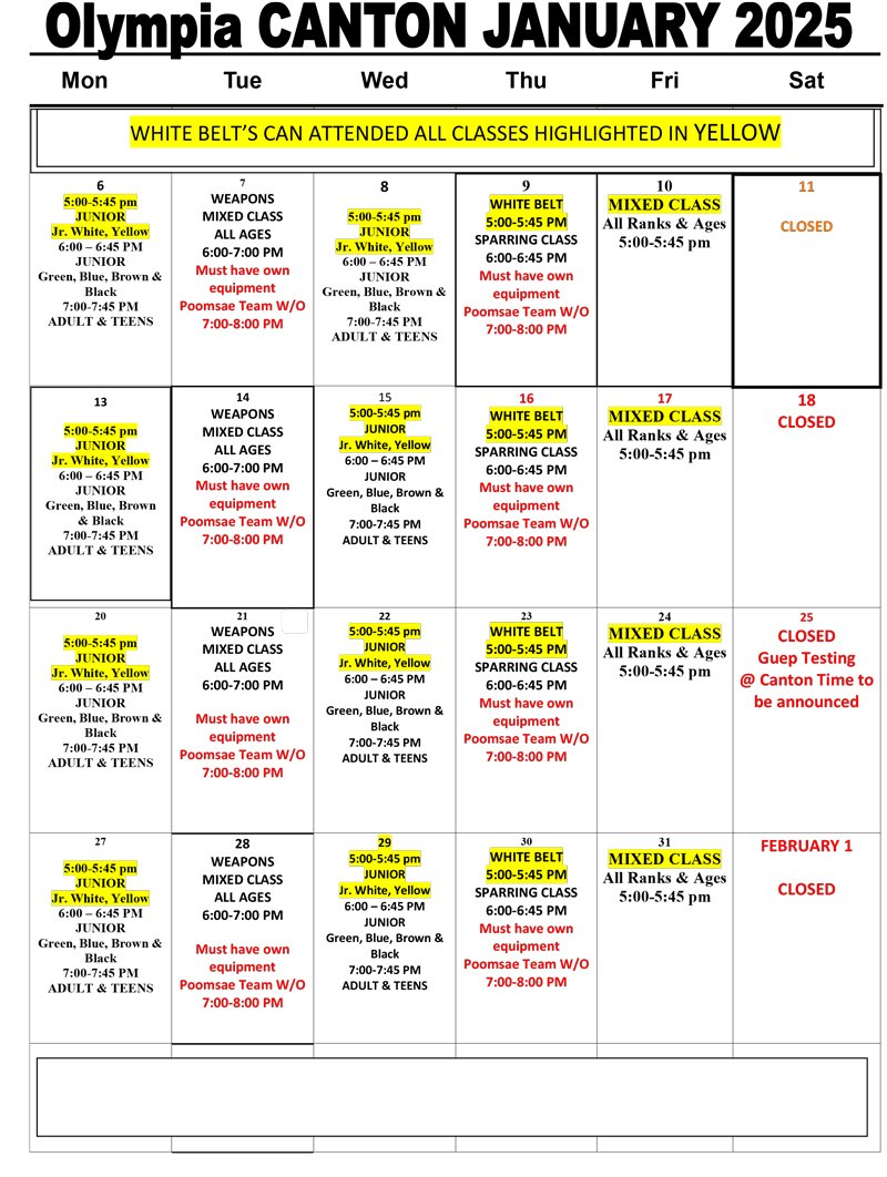 Canton Schedule | Olympia Taekwondo